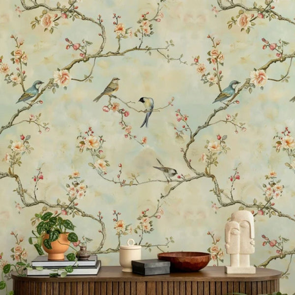 Elegant Bird and Floral Wallpaper – DecoraHub